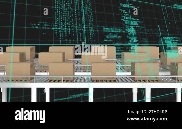 Animation of grid pattern and computer language over cardboard boxes ...