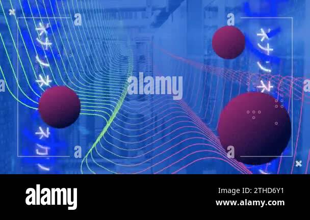 Animation of purple spheres, digital wave and chinese texts against ...