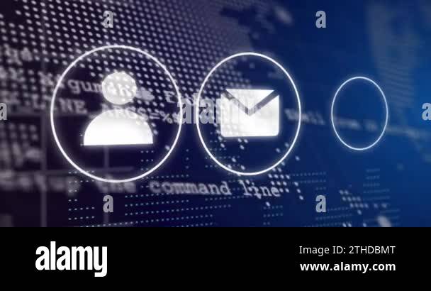 Animation of globe with icons, world map and data processing. Global networks, digital interface ...