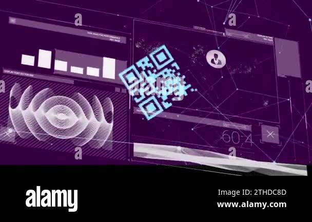 Looping qr code with graphs, profile icons and spiral wave over dots interconnecting with lines ...