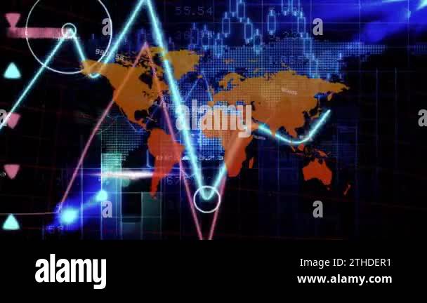 Animation of multiple graphs over changing numbers on map against black background. Digitally ...