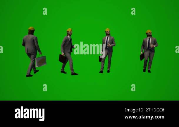 3D several different municipal contractors green screen walking and ...