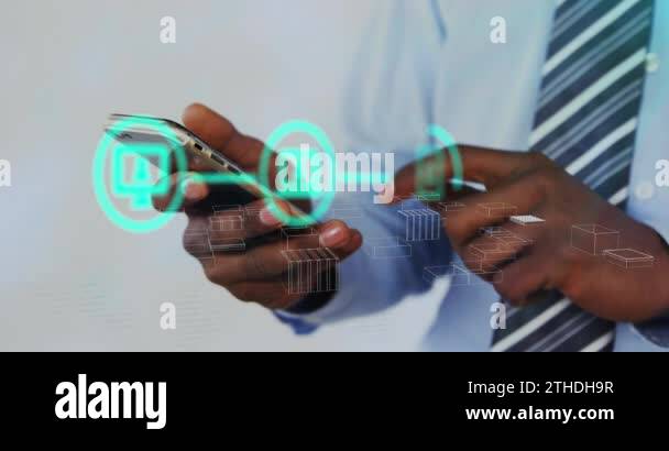 Animation of telecommunication icons and skyscrapers with african ...