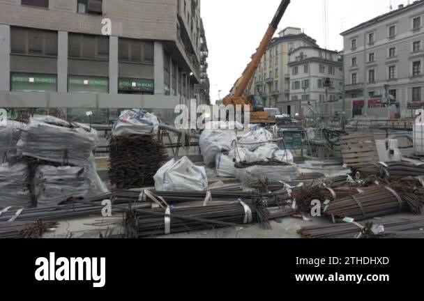 Europe, Italy , Milan 2023 - Construction site with road reconstruction ...