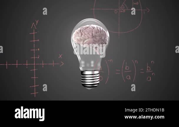 Animation of human brain in bulb over mathematical equations and ...