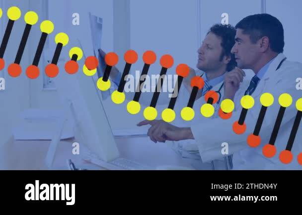 Animation of graphical dna helix rotating over male multiracial doctors checking x-ray in ...