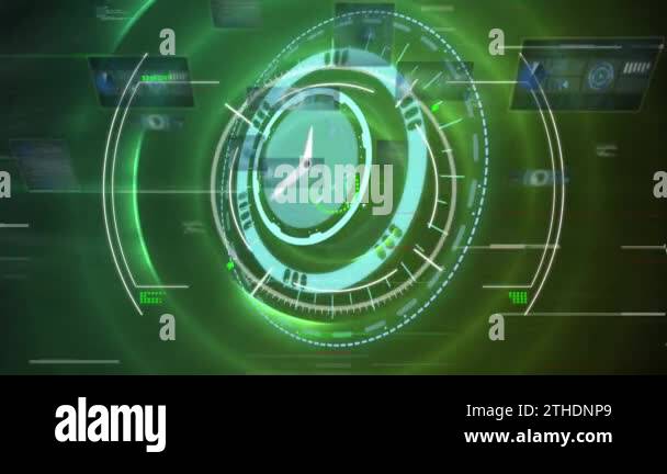 Animation of data processing with hud and clock, light beams on digital interface. Digital ...