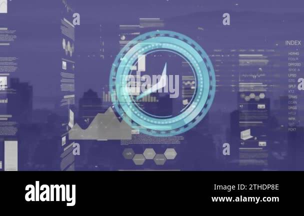 Animation of digital clock over infographic interface against ...