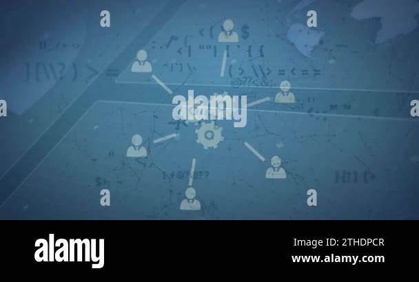 Animation of digital computer icons in circles rotating over programming language. Hologram ...