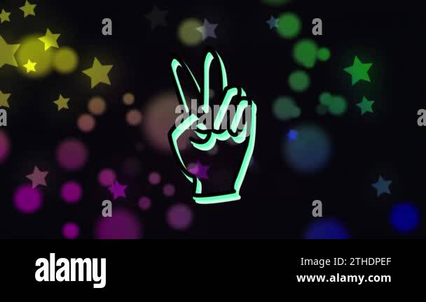Animation of neon victory sign over stars and glowing spots on black ...