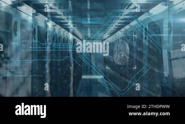 Animation of fingerprint scanning with coding on digital interface against server room. Digital ...