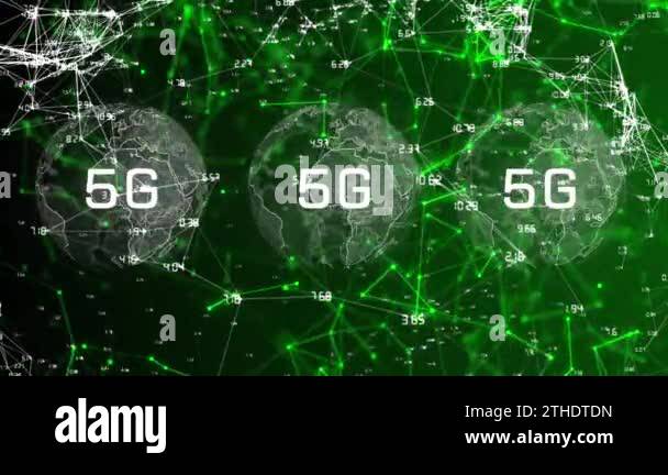 Animation of 5g over globes, connections data and digital screen ...