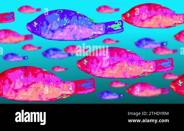 The background pattern of fish is pink and purple on a gradient blue ...