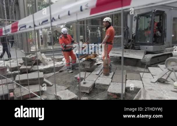 Europe, Italy , Milan 2023 - Construction site with road reconstruction ...