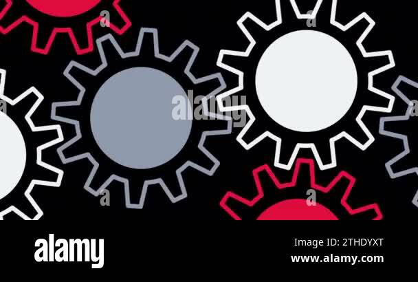 Gray, red and white gears rotating on black background. 4K resolution ...