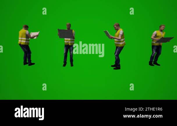 3D several architects and construction workers green screen walking and ...
