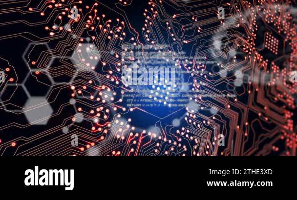 Animation of integrated circuit and scientific data on black background. Computers, technology ...