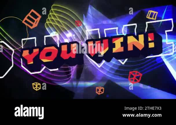 Animation of you win text with cubes and wave patterns against abstract ...