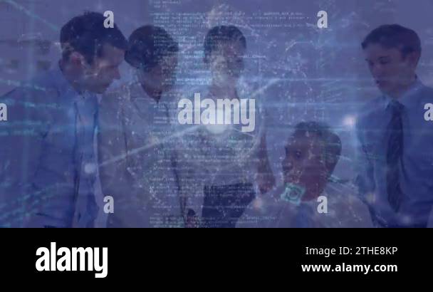 Animation of computer language and globe over multiracial coworkers ...