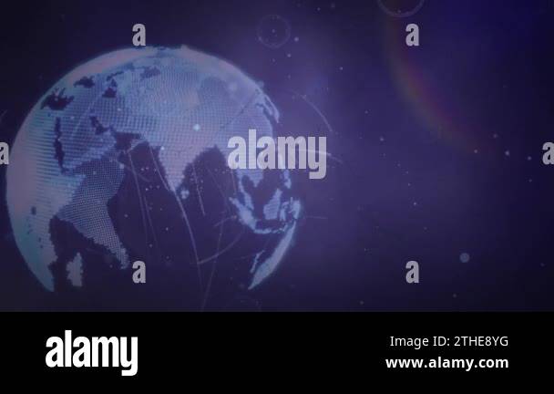 Animation of lens flare over lines around globe rotating against black background. Digitally ...