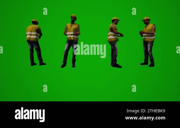 3D several different factory workers green screen background talking ...