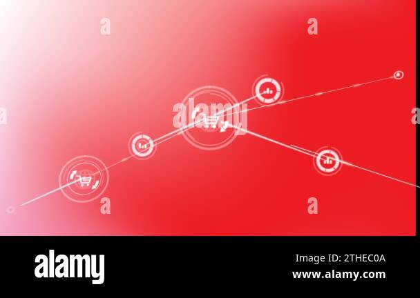 Animation of shopping cart and bar graph icons connecting with lines over red background ...