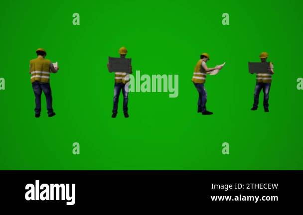 3D several architects and construction workers green screen walking and ...