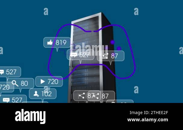 Animation of social media icons and video game console over server ...