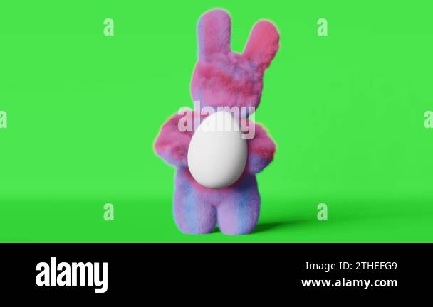 Cute plush furry Easter bunny white egg greeting 3d animation loop ...