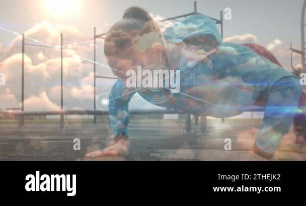 Animation of network lines connecting dots, caucasian woman doing ...