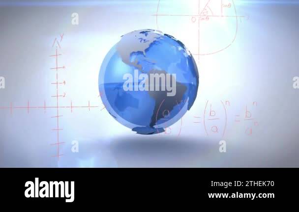 Animation of globe spinning and mathematical formulae on white background. Global science ...