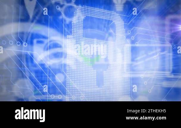 Animation of graphical interface with padlock against moving computer ...