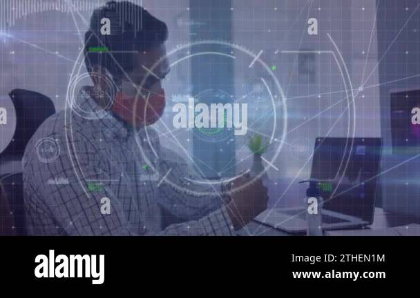 Rotating Circle Dots Connecting With Lines Over Caucasian Businessman