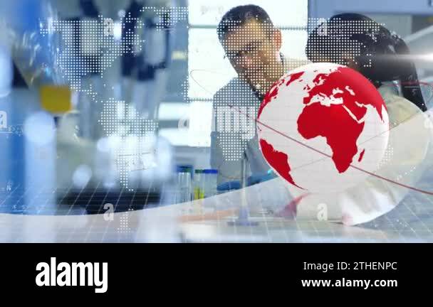 Animation of globe rotating and formulas over multiracial professional ...