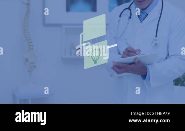 Animation of graphical flowchart with computer icons over caucasian ...