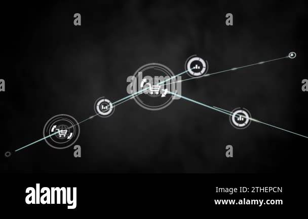 Animated 3d illustration of shopping cart icons connecting by digital lines over black ...