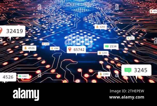 Animation of social media icons over processor socket. Global connections, data processing and ...