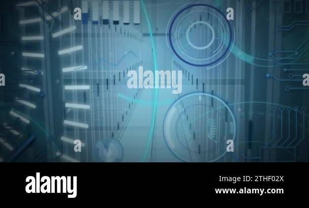 Animation of 5g text, scopes scanning and data processing over servers. Global connections, data ...
