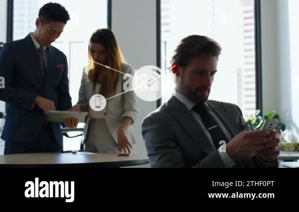 Wi-fi and phone icons connecting with lines over diverse coworkers ...