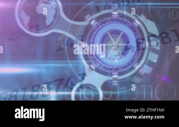 Digital animation of multiple changing numbers over round scanner against blue background ...