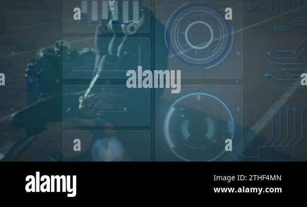 Animation of digital data over african american disabled man training ...