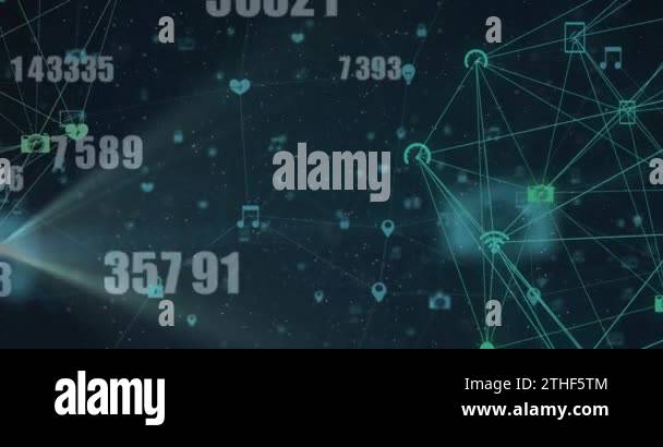 Animation of multiple changing numbers over globe of digital icons ...