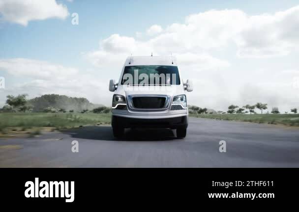 Generic 3d model of delivery van very fast driving on highway. Gas, oil ...