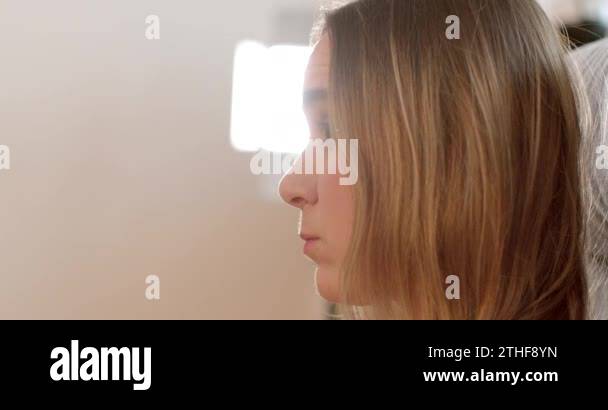 Close-up profile woman face focus attention psychologist on session ...