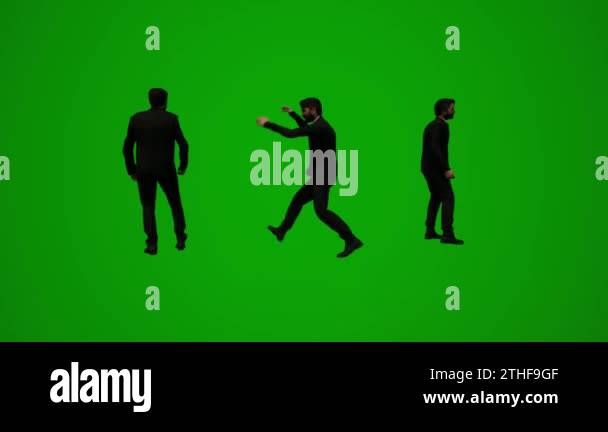 3D man suit green screen walking and talking the phone, dancing, et ...