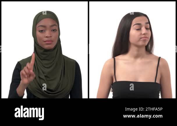 Vertical collage of two beautiful multiracial women expressing Rejection with index finger ...