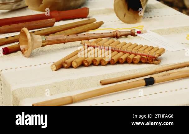 medieval reenactment - close-up shot pan flute and other types of ...