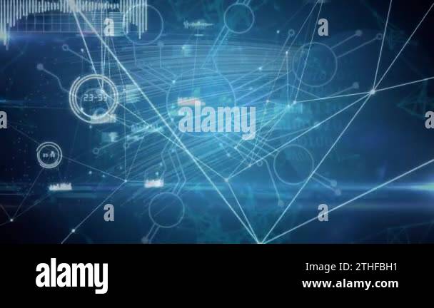 Animation of networks of communication processing data with blue lights on dark background ...