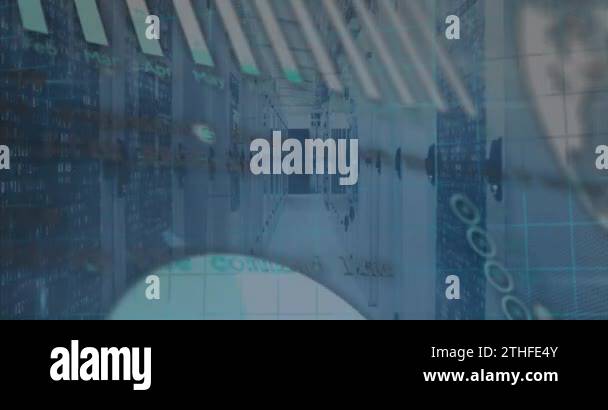 Animation of 6g text and data processing on charts and graphs over computer server room. Global ...