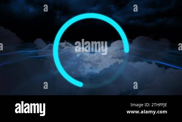 Animation of scan scoping over clouds on dark background. Global connections, data processing ...